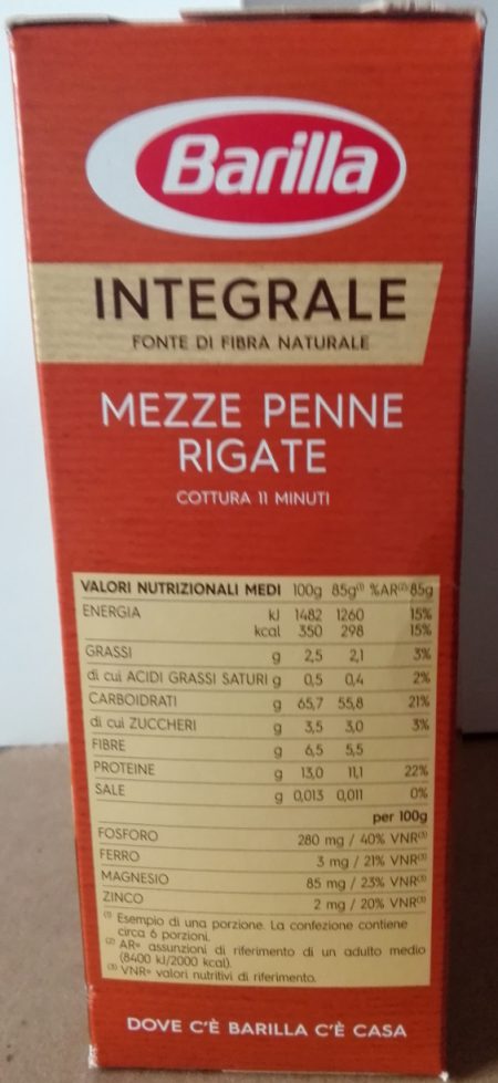 Pasta Barilla integrale: una porzione apporta il 20% del fabbisogno ...