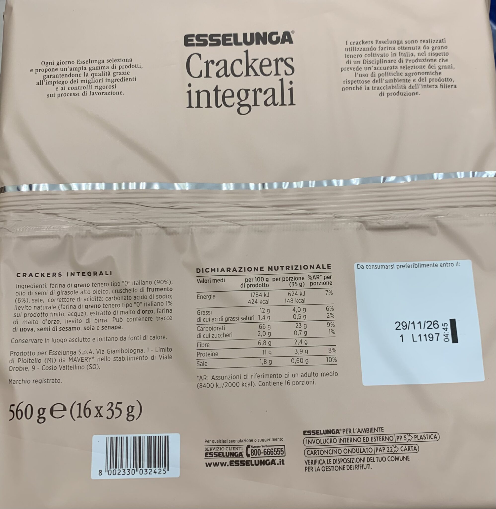 Integrale ‘vero’ o farina 0 con crusca? Il caso dei cracker Esselunga