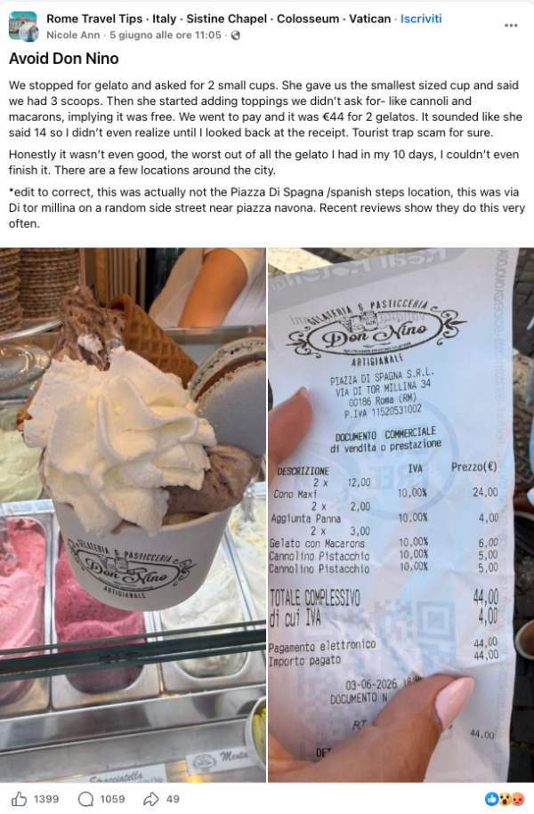 Gelato: due coppette per 44 euro a Roma. Il parere dell'esperto